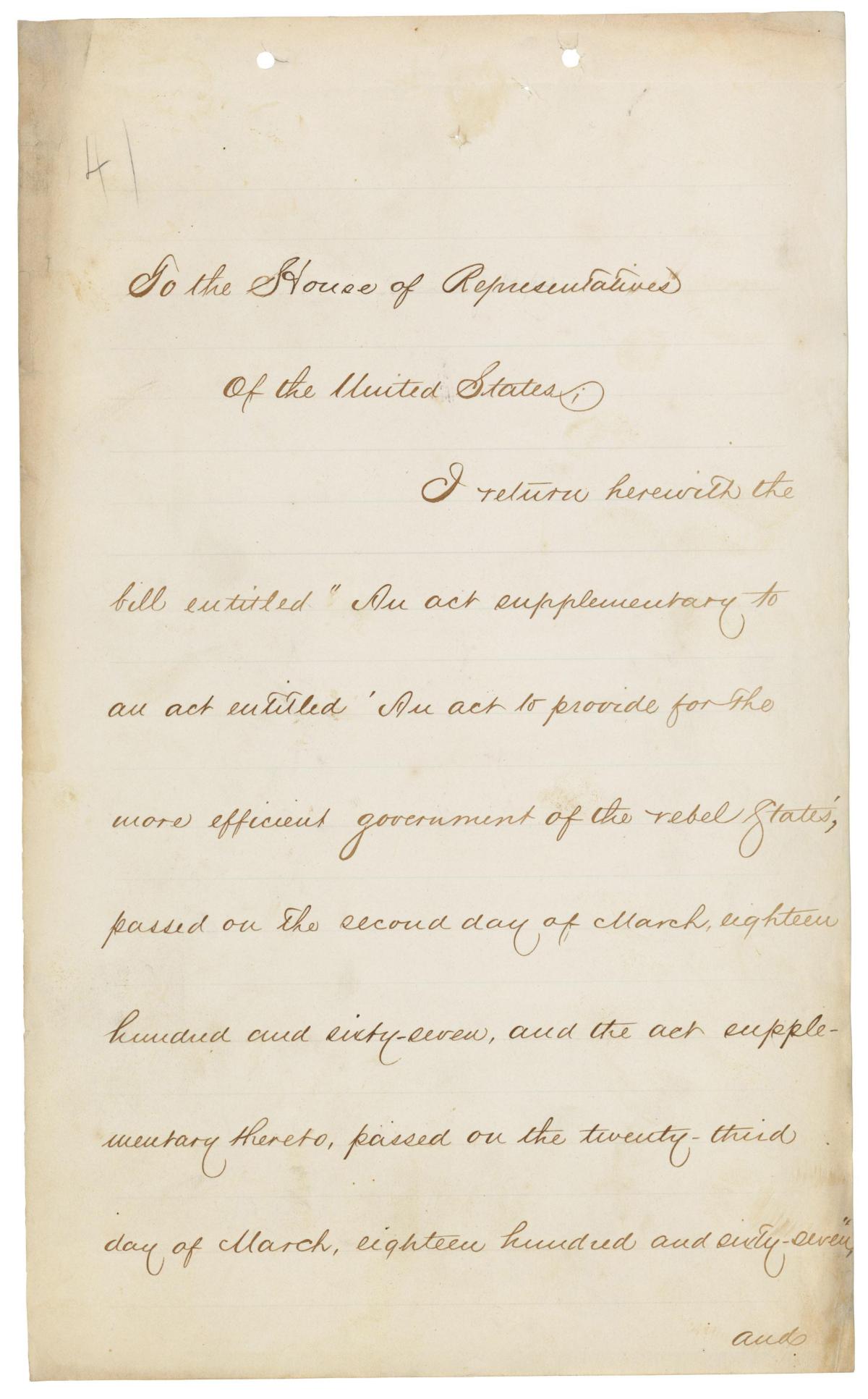President Andrew Johnson’s Veto of the Third Reconstruction Act, July ...
