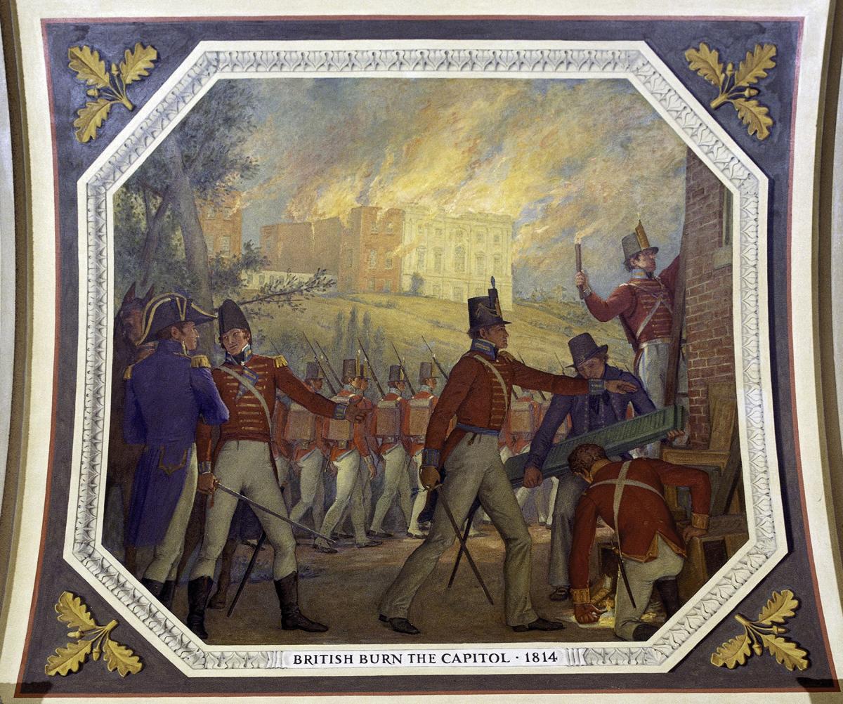 British burn the Capitol, 1814, oil on canvas by Allyn Cox, 1973–1974 ...